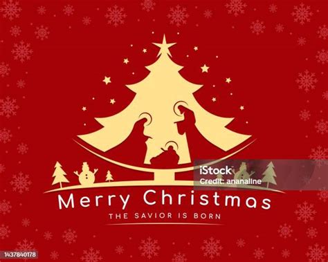 메리 크리스마스 구세주 탄생 마리아와 요셉은 금색 크리스마스 트리 기호와 눈 질감과 빨간색 배경 벡터 디자인에 아기 예수 함께 구유에 앉아 있습니다 크리스마스에 대한 스톡