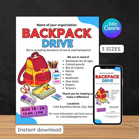 Backpack Drive Flyer School Event Meet Teacher Editable Printable