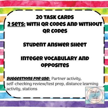 Positive And Negative Integer Situation QR Code Task Cards Distance