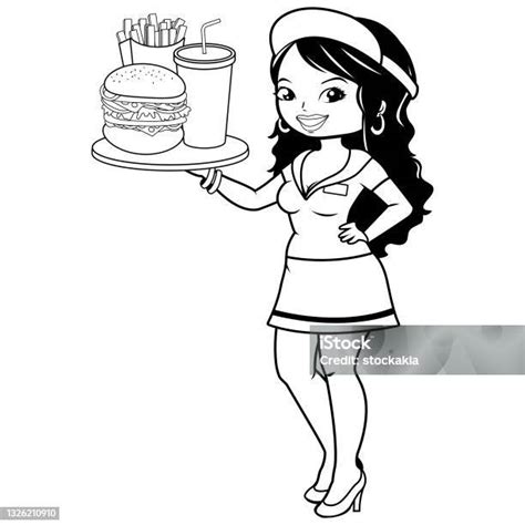 햄버거 감자 튀김 및 음료를 제공하는 패스트 푸드 웨이트리스 벡터 흑백 색칠 페이지 웨이트리스에 대한 스톡 벡터 아트 및 기타 이미지 웨이트리스 감자 요리 감자 칩