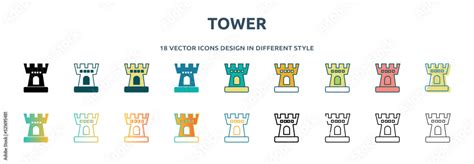 Tower Icon In 18 Different Styles Such As Thin Line Thick Line Two Color Glyph Colorful