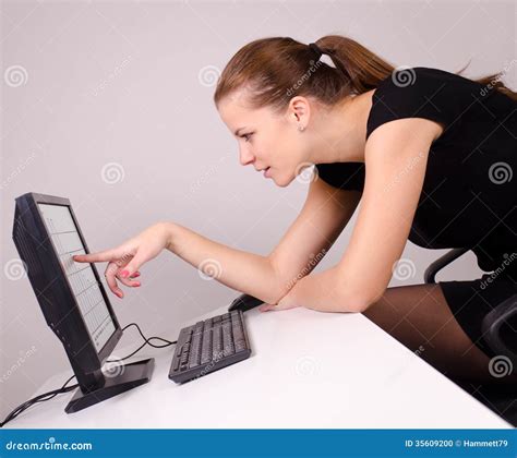 Businesswoman Touch The Monitor Stock Photo Image Of Chart Growth