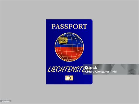 생체 인식 디지털 데이터 칩 사실적인 파란색 커버 아이콘 로고 광고 웹에 대한 황금 글자 벡터 일러스트와 국제 여권 리히텐슈타인 국기 국가 관광명소에 대한 스톡 벡터 아트