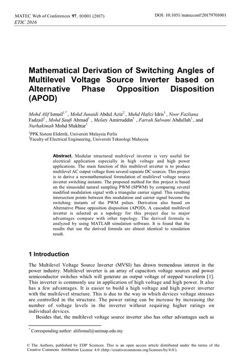 Pdf Mathematical Derivation Of Switching Angles Of Multilevel Voltage Source Inverter Based On