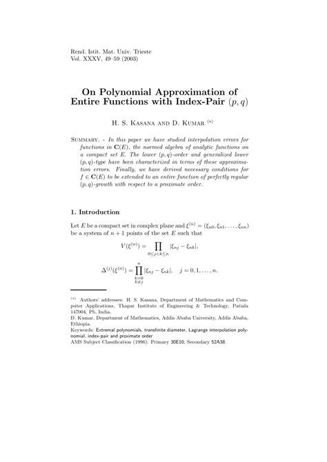 Pdf On Polynomial Approximation Of Entire Functions With Index Pair P Q