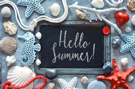 바다 조개 로프와 블루 구조적된 배경 텍스트에 스타 물고기 칠판 계절에 대한 스톡 사진 및 기타 이미지 계절 관광 껍데기 Istock