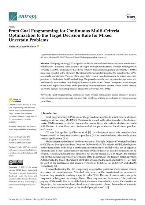 Pdf From Goal Programming For Continuous Multi Criteria Optimization