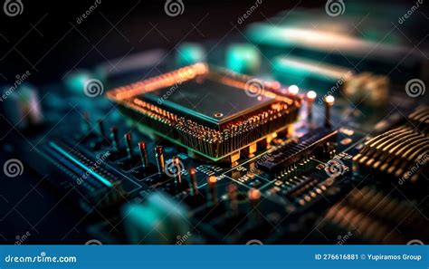 Complex Circuit Board With Glowing Semiconductor And Soldered Electrical Components Generated By