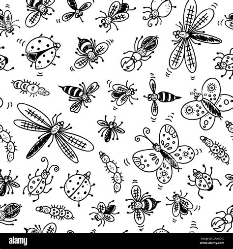 Insects Doodle Seamless Pattern Vector Background With Bug Fly Butterfly Ladybug Dragonfly