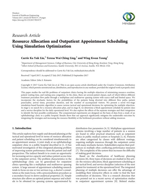 Pdf Resource Allocation And Outpatient Appointment Scheduling Using Simulation Optimization