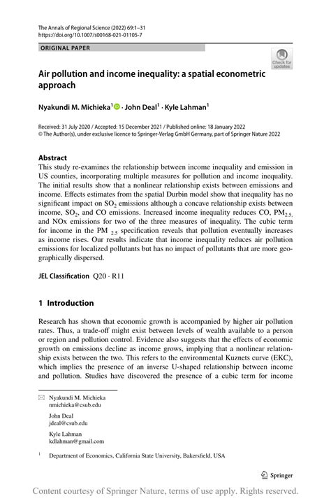 Air Pollution And Income Inequality A Spatial Econometric Approach Request Pdf