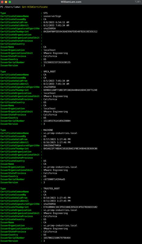 Retrieving Vcenter Server Certificate Machine Vmca Root Sts And Trusted Root Details Using The
