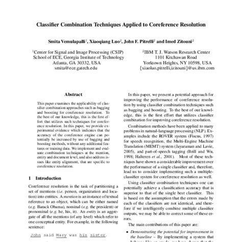 classifier combination techniques applied to coreference resolution