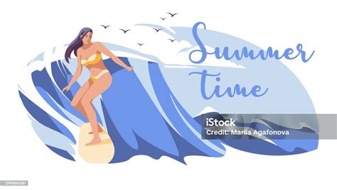 바다 파도에 탑승 소녀 또는 젊은 여성 서퍼의 여름 서핑 여름 스포츠 활동과 바다 레저 취미를위한 플랫 벡터 일러스트 레이 션 건강한 생활방식에 대한 스톡 벡터 아트 및