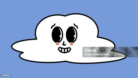 만화 재미 있는 얼굴을 가진 흰 구름 캐릭터 하늘 기호가 있는 그루비 스티커 날씨 아이콘입니다 이모티콘 표현 파란색 배경에 레트로 벡터 일러스트 레이 션 0명에 대한 스톡
