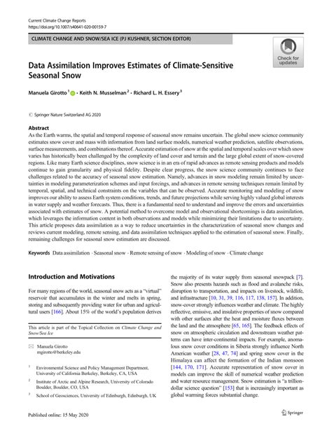 Pdf Data Assimilation Improves Estimates Of Climate Sensitive Seasonal Snow
