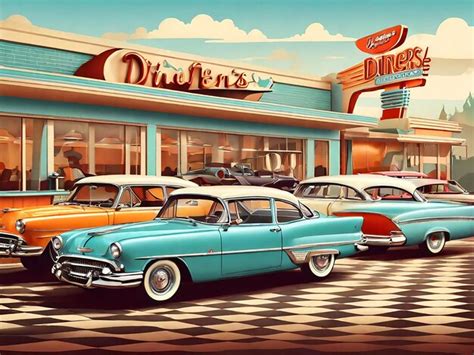Classic Cars And Diners Vintage And Retro Background Premium Ai