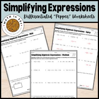Simplifying Algebraic Expressions Differentiated Pepper Practice Worksheets
