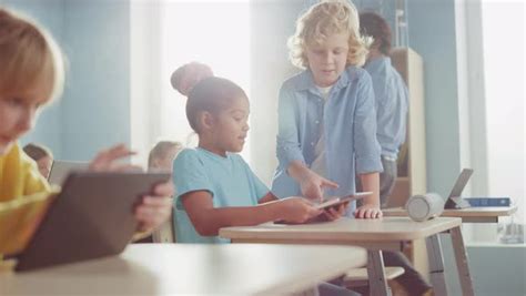 Elementary Babe Computer Science Class Smart Girl Uses Digital Tablet Computer Her Classmate