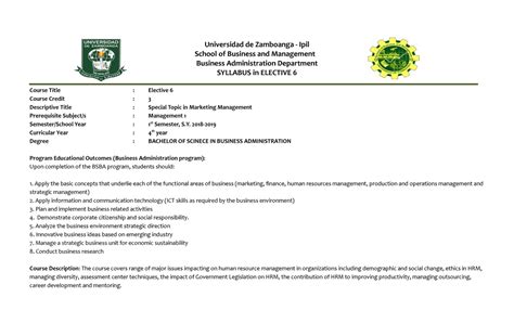 Syllabus Elective 6 Universidad De Zamboanga Ipil School Of Business
