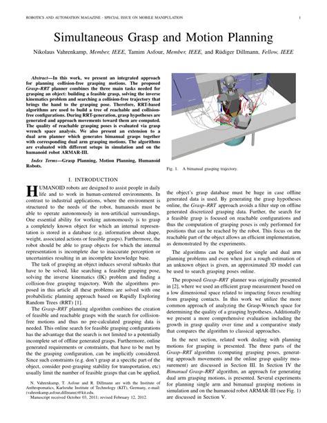 Pdf Simultaneous Grasp And Motion Planning Humanoid Robot Armar Iii
