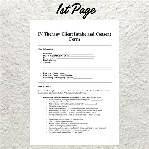 Iv Therapy Consent Form Template Editable Intravenous Therapy Client Intake Form Printable Iv