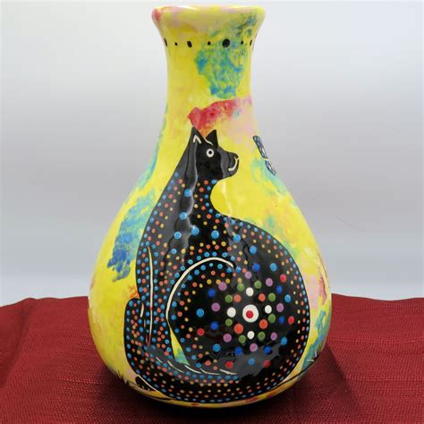 Teardrop Vase With Cat And Butterfly On Bright Yellow Mana Pottery