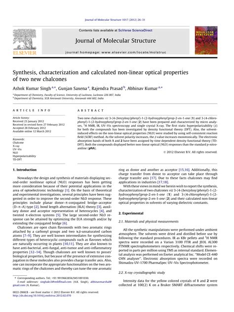 Pdf Synthesis Characterization And Calculated Non Linear Optical Properties Of Two New Chalcones