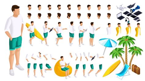 손의 제스처와 남성 3d 십 대의 피트의 아이소메트릭 세트 해변에 남자를 휴식 벡터 일러스트 레이 션에 대 한 당신의 성격을 만들 등측투영법에 대한 스톡 벡터 아트 및 기타