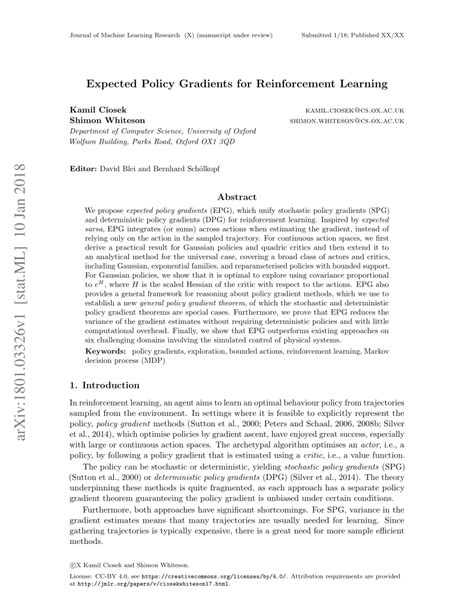 Pdf Expected Policy Gradients For Reinforcement Learning