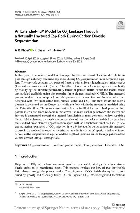 An Extended Fem Model For Co2 Leakage Through A Naturally Fractured Cap Rock During Carbon