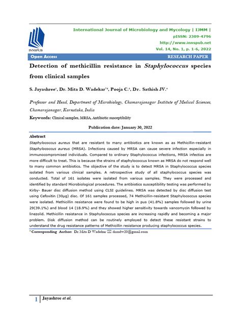 Detection Of Methicillin Resistance In Staphylococcus Species From Clinical Samples Pdf