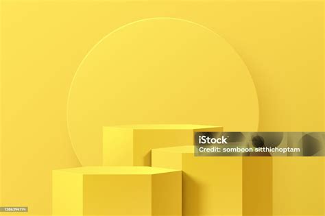현실적인 노란색 3d 육각형 스탠드 또는 원 벽 장면 배경으로 설정 연단 을 단계 제품 무대 쇼케이스 프로모션 디스플레이에 대한 최소한의 장면 기하학적 형태의 벡터 추상