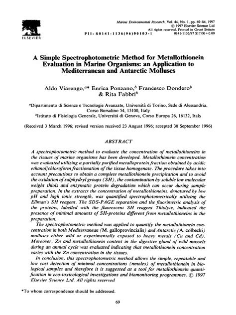 A Simple Spectrophotometric Method For Metallothionein Evaluation In Marine Organisms An
