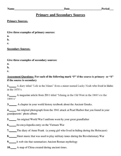 Primary And Secondary Source Worksheet Key Slides World History Docsity