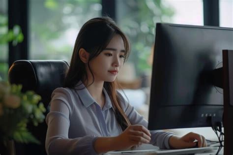 Chinese Woman Programmer Writing Code On A Computer Premium Ai