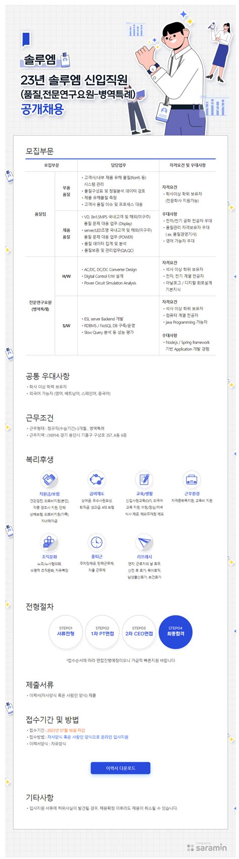 솔루엠 23년 솔루엠 신입직원품질전문연구요원 병역특례공개채용 공모전 대외활동 링커리어