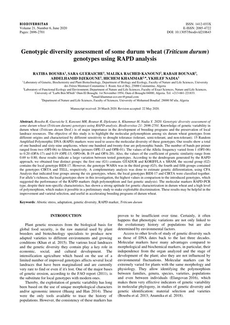 Pdf Genotypic Diversity Assessment Of Some Durum Wheat Triticum