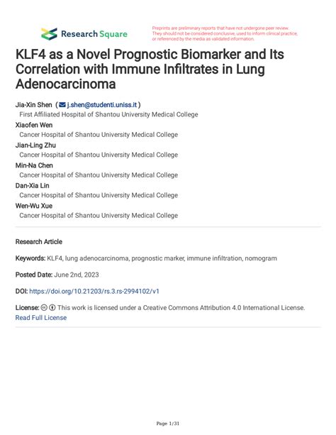 Pdf Klf4 As A Novel Prognostic Biomarker And Its Correlation With Immune Infiltrates In Lung