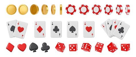 도박 및 카지노 포커 게임 아이템 3d 스타일의 벡터 현실적인 카드 돈 금화 칩 또는 배지 및 임의의 숫자로 주사위의 고립 된 세트 여가 놀이 베팅 및 승리 3차원 형태에