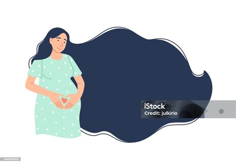 텍스트 공간이 있는 임신 배경 또는 배너입니다 아기 출산을 기다리는 평평한 행복한 미소 임신 한 여성 임신 한 배 벡터 일러스트에 심장 모양 손 제스처와 백인 임산부 소녀