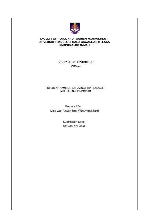 Ued 102 Individual Assignment 2022 Faculty Of Hotel And Tourism Management Universiti