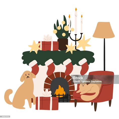 메리 크리스마스 벡터 일러스트 레이 션 크리스마스 트리를 장식하는 가족 선물을주는 캐릭터 선물 축제 인테리어 플랫 스타일 이미지 클립 아트 벽난로 클립 아트를 여는 장면 0