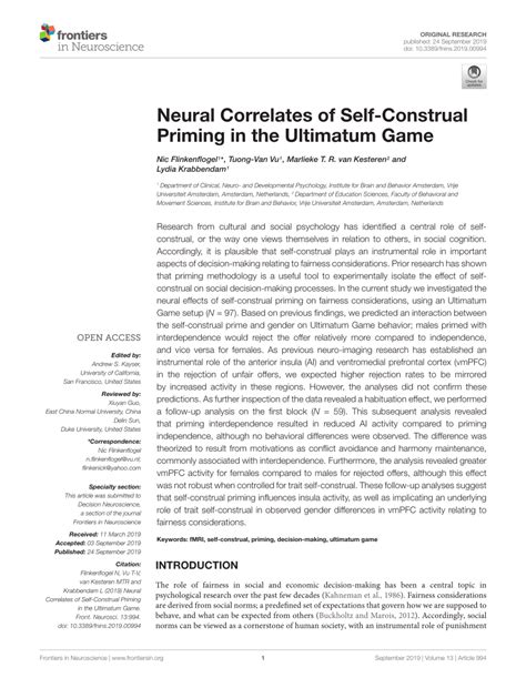 Pdf Neural Correlates Of Self Construal Priming In The Ultimatum Game
