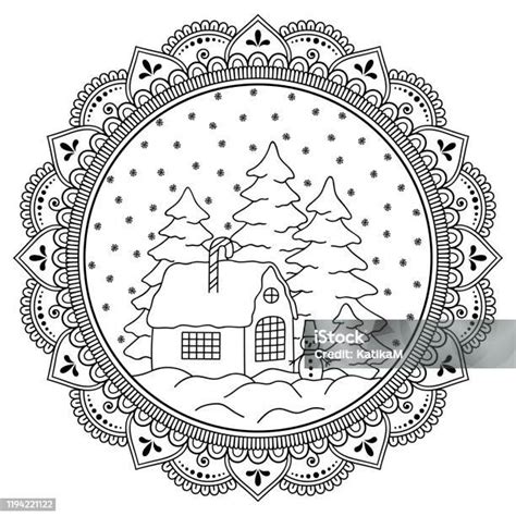 축제 장식의 요소만다라의 형태로 크리스마스 장식 겨울 풍경 눈 집 나무와 눈사람 새해 장식에 적합합니다 색칠 하기 책 페이지입니다 겨울에 대한 스톡 벡터 아트 및 기타