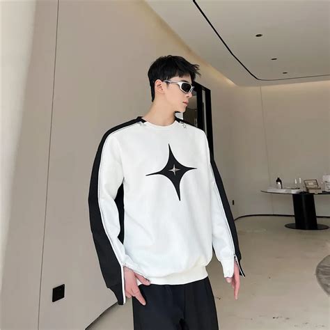 남성용 블랙 화이트 스플라이스 지퍼 니치 디자인 스트리트웨어 패션 루즈 캐주얼 풀오버 스웻셔츠 남성 후드티 탑 스웻셔츠