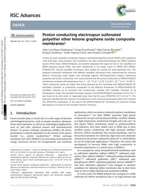 Pdf Proton Conducting Electrospun Sulfonated Polyether Ether Ketone Graphene Oxide Composite