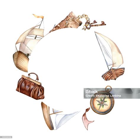 모험 아이템의 프레임 흰색으로 분리된 수채화 그림 나침반 망원경 범선 손잡이 가방 밧줄 체인 손으로 그렸습니다 유치한 디자인 소년 엽서 빈티지 스타일 초대장 0명에 대한