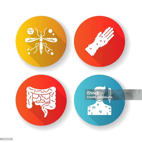 전염성 질환 플랫 디자인 긴 그림자 글리프 아이콘 세트 말라리아 천연두 주혈증 및 홍역 감염 의료 및 의학 전염성 질환 실루엣 Rgb 컬러 일러스트레이션 주혈흡충증에 대한