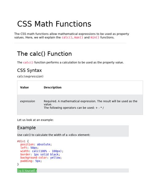 Css Math Functions The Calc Function Pdf